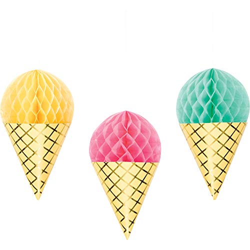 Creative Converting Ice Cream Party Hanging Honeycomb Ice Cream Decorations, 3 ct, Multi-color, Hanging decorations measure 13" x 6.5"