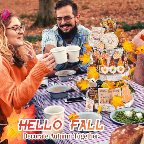 Harvest Fall Tiered Tray Decor with Lights - 19 Pcs Set Includes Gnome Signs, Leaves Garland, Pumpkin for Home Table