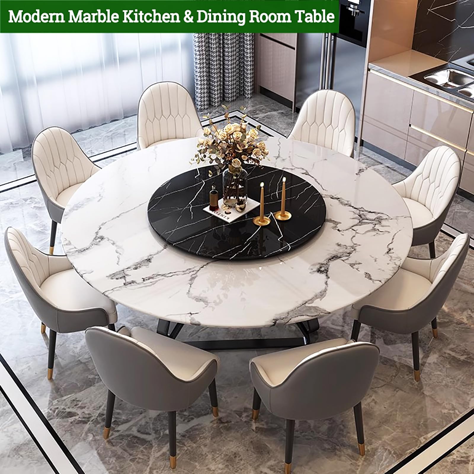 Marble Round Dining Table with Lazy Susan,Modern Kitchen & Dining Room Tables with Metal Base,Premium Circle Dining Table Pedestal Dining-Table Only(70.8" L x 70.8" W x 29.5" H, White & Golden)