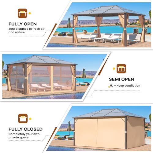 YOLENY 10'x12' Hardtop Gazebo, Outdoor Polycarbonate Roof Canopy, Aluminum Frame Permanent Pavilion with Curtains and Netting, Sunshade for Garden, Patio, Lawns