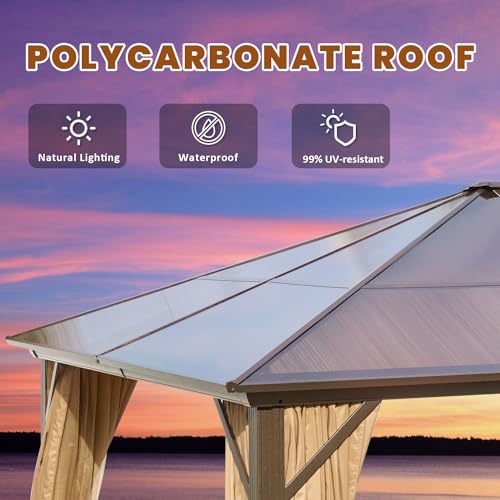 YOLENY 10'x12' Hardtop Gazebo, Outdoor Polycarbonate Roof Canopy, Aluminum Frame Permanent Pavilion with Curtains and Netting, Sunshade for Garden, Patio, Lawns