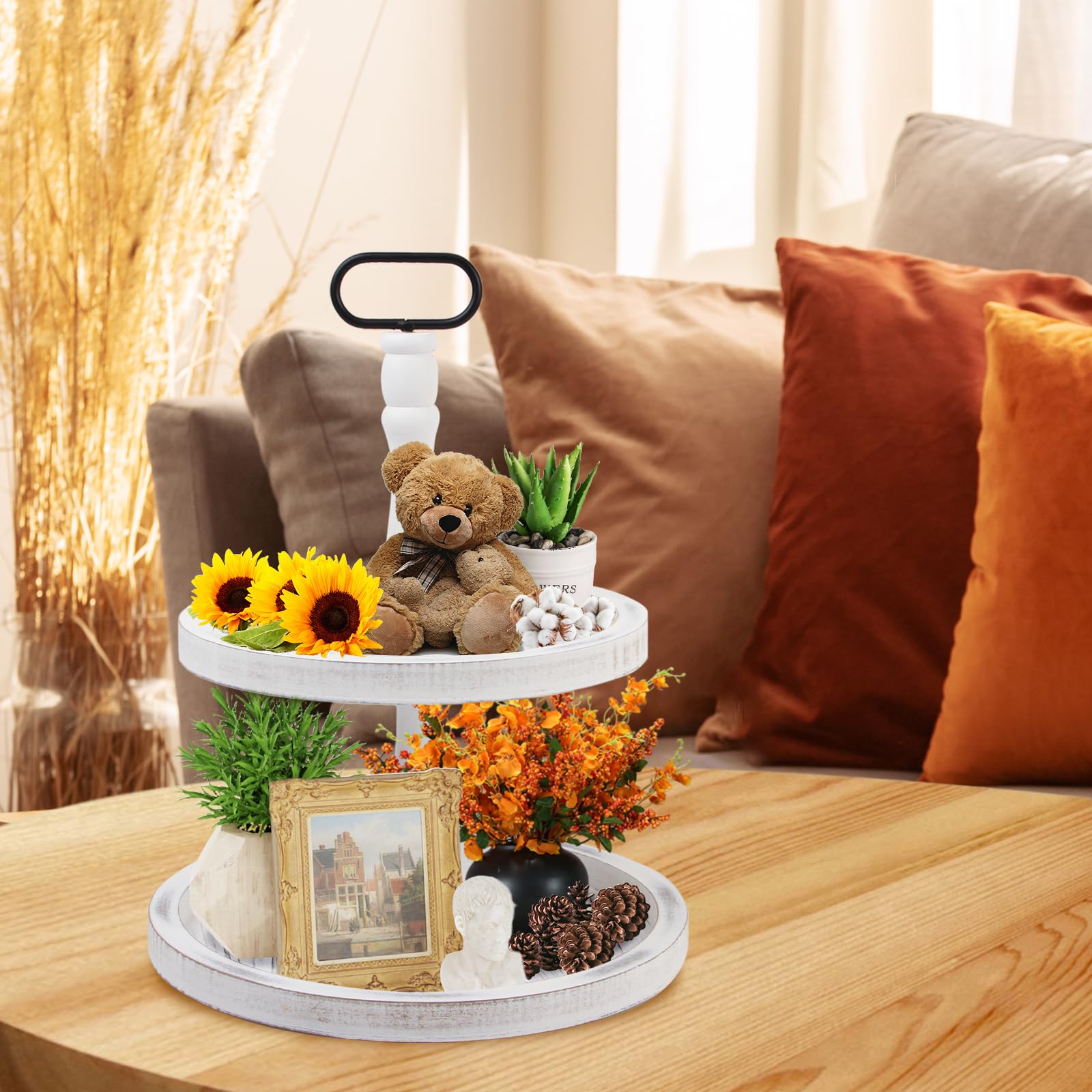 Rustic Tiered Serving Tray, Farmhouse Decorative Wooden Two Tiered Trays, Wooden 2 Tier Tray Stand for Table Kitchen Coffee Macaron Plate Cakes Dessert Fruit(Stand+Beeds)