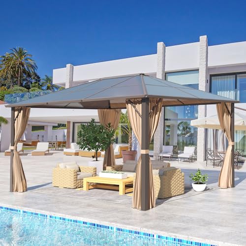 YOLENY 10'x12' Hardtop Gazebo, Outdoor Polycarbonate Roof Canopy, Aluminum Frame Permanent Pavilion with Curtains and Netting, Sunshade for Garden, Patio, Lawns