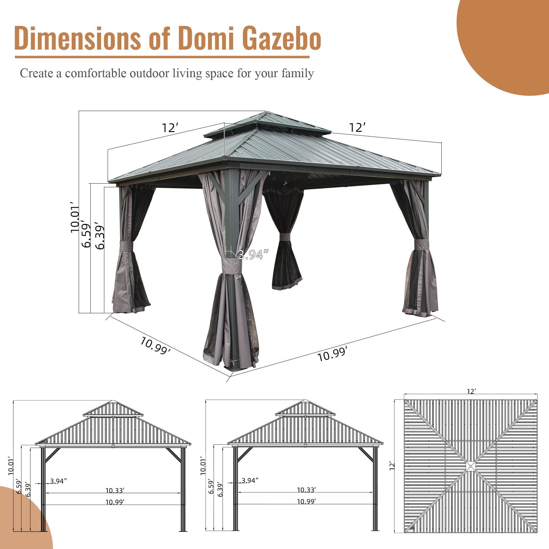 Domi 12' x 12' Hardtop Gazebo Permanent Aluminum Metal Gazebo with Galvanized Steel Double Roof Canopy, Curtains, and Netting for Patio, Backyard, Deck, Lawn