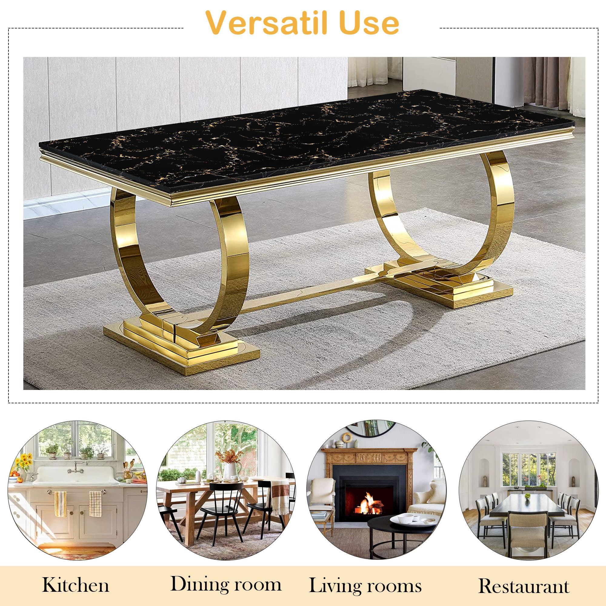 Kootlena 70" Modern Marble Dining Table, Luxury Gold Rectangular Kitchen Table for 6-8, Mid-Century White Faux Marble Dining Room Table with Mirrored Stainless Steel Pedestal Base for 6