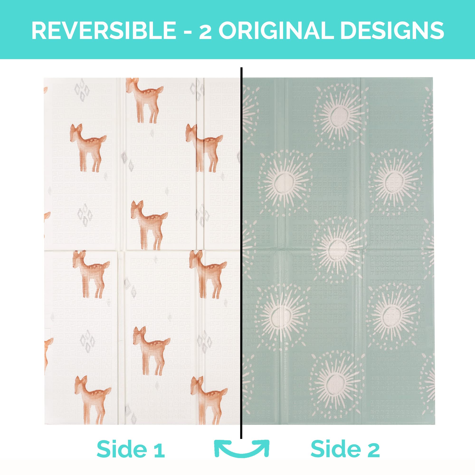 JumpOff Jo Baby Play Mat - Extra Large Folding Foam Play Mat for Infants, Babies, Toddlers, Waterproof, Double-Sided (77" x 70") - Oh Deer - Starburst