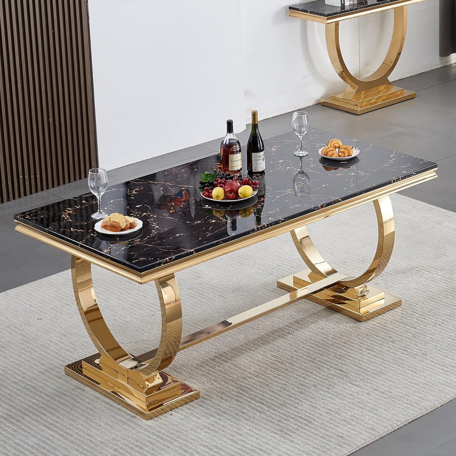 Kootlena 70" Modern Marble Dining Table, Luxury Gold Rectangular Kitchen Table for 6-8, Mid-Century White Faux Marble Dining Room Table with Mirrored Stainless Steel Pedestal Base for 6