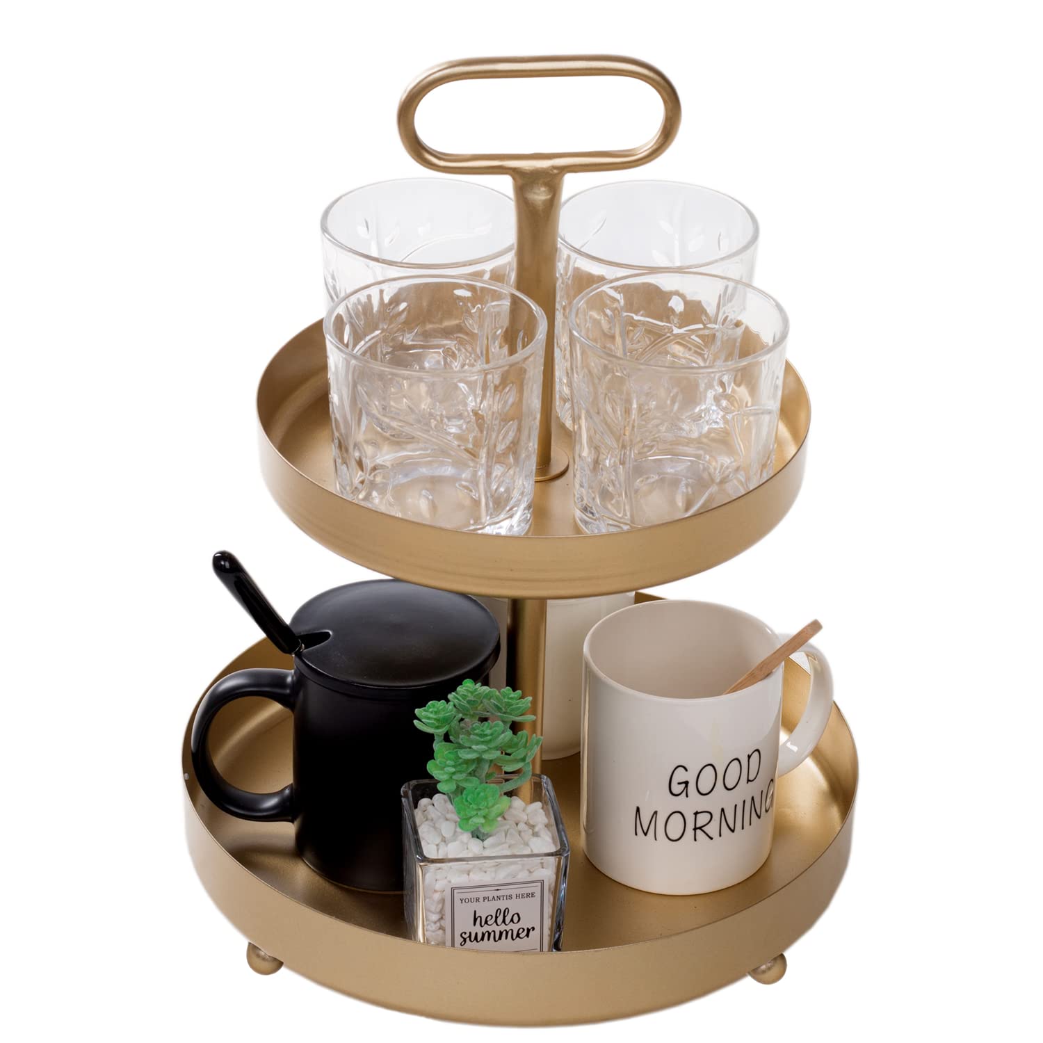 MAONAME Gold 2 Tiered Tray, Metal Two Tier Tray with Handle, Decorative Tray for Kitchen, Living Room, Bathroom, Seasonal Decor