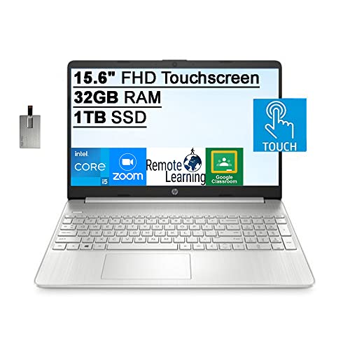 2022 HP 15.6" FHD Touchscreen Laptop Computer, Intel Core i5-1135G7 Processor, 32GB DDR4 RAM, 1TB SSD, Intel Iris Xe Graphics, HD Webcam, HD Audio, USB-C, Windows 11, Silver, 32GB SnowBell USB Card