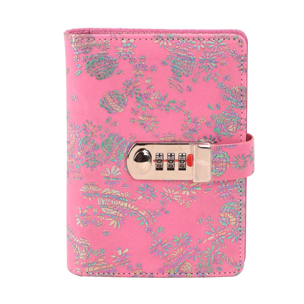 Rose Print PU Leather Journal with Combination Lock Digital Password Journal with Bookmark Pen Loop Retro Privacy Notebook Writing Travel Diary Locking Journal
