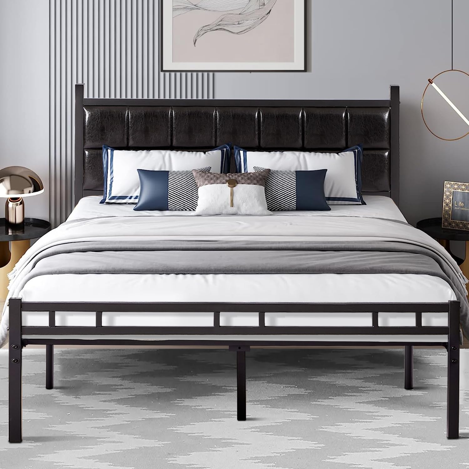 VECELO Queen Bed Frame with PU Upholstered Headboard, Heavy Duty Platform Bedframes, Metal Slats Support, No Box Spring Needed, Matter Black