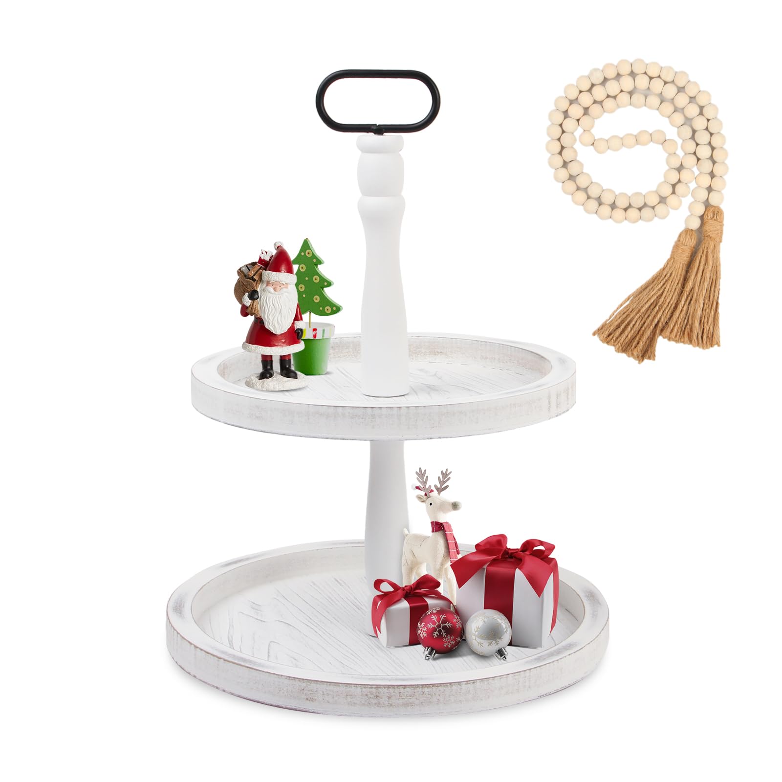 Rustic Tiered Serving Tray, Farmhouse Decorative Wooden Two Tiered Trays, Wooden 2 Tier Tray Stand for Table Kitchen Coffee Macaron Plate Cakes Dessert Fruit(Stand+Beeds)