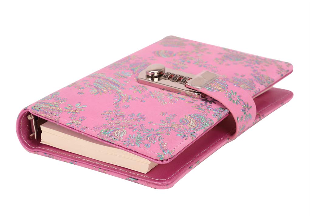 Rose Print PU Leather Journal with Combination Lock Digital Password Journal with Bookmark Pen Loop Retro Privacy Notebook Writing Travel Diary Locking Journal
