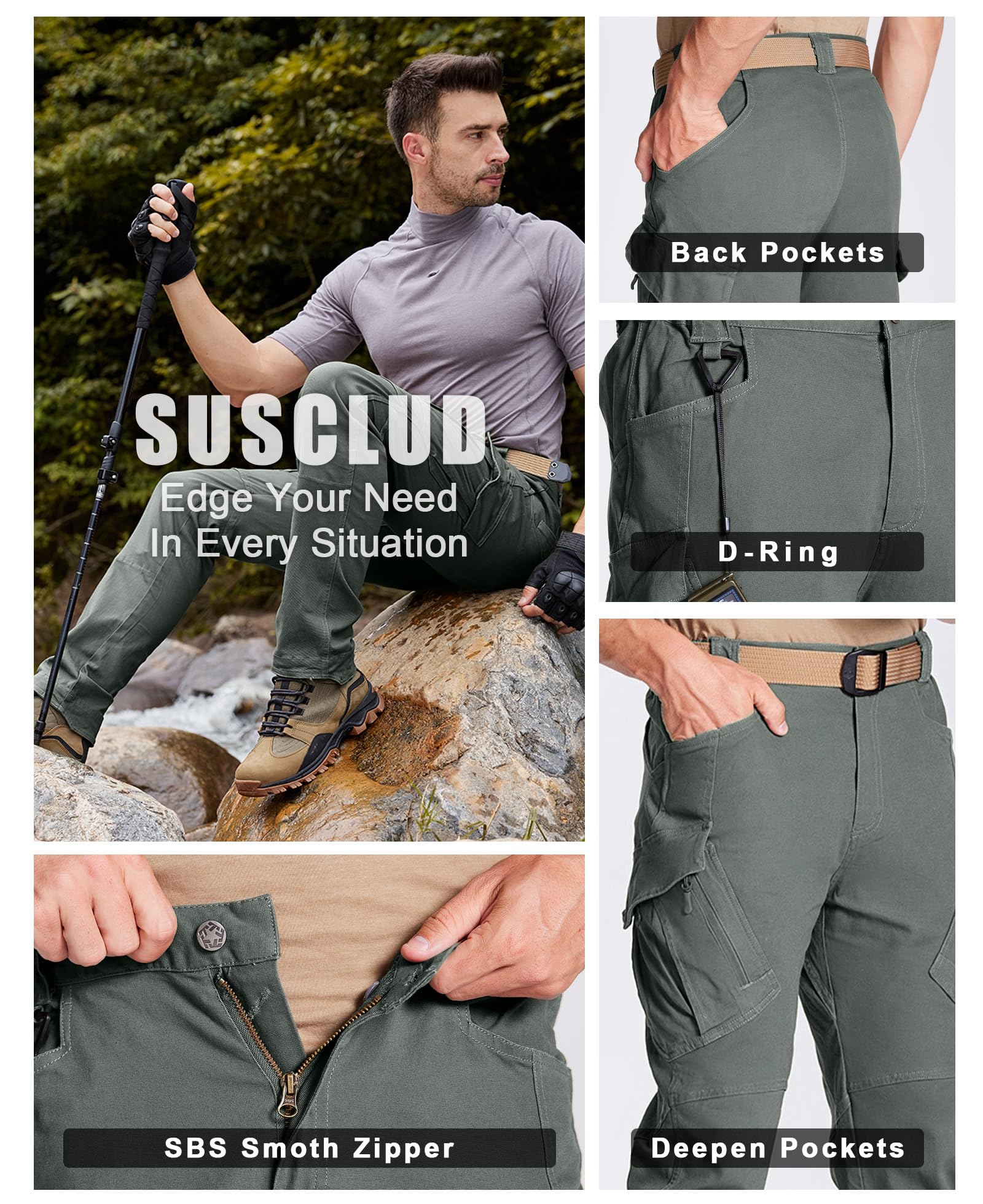 Susclude Men's Tactical Pants Stretch, 9 Pockets Rip Stop Lightweight Cargo Work Military Trousers Outdoor Hiking Pants Gray Green 28Wx28L