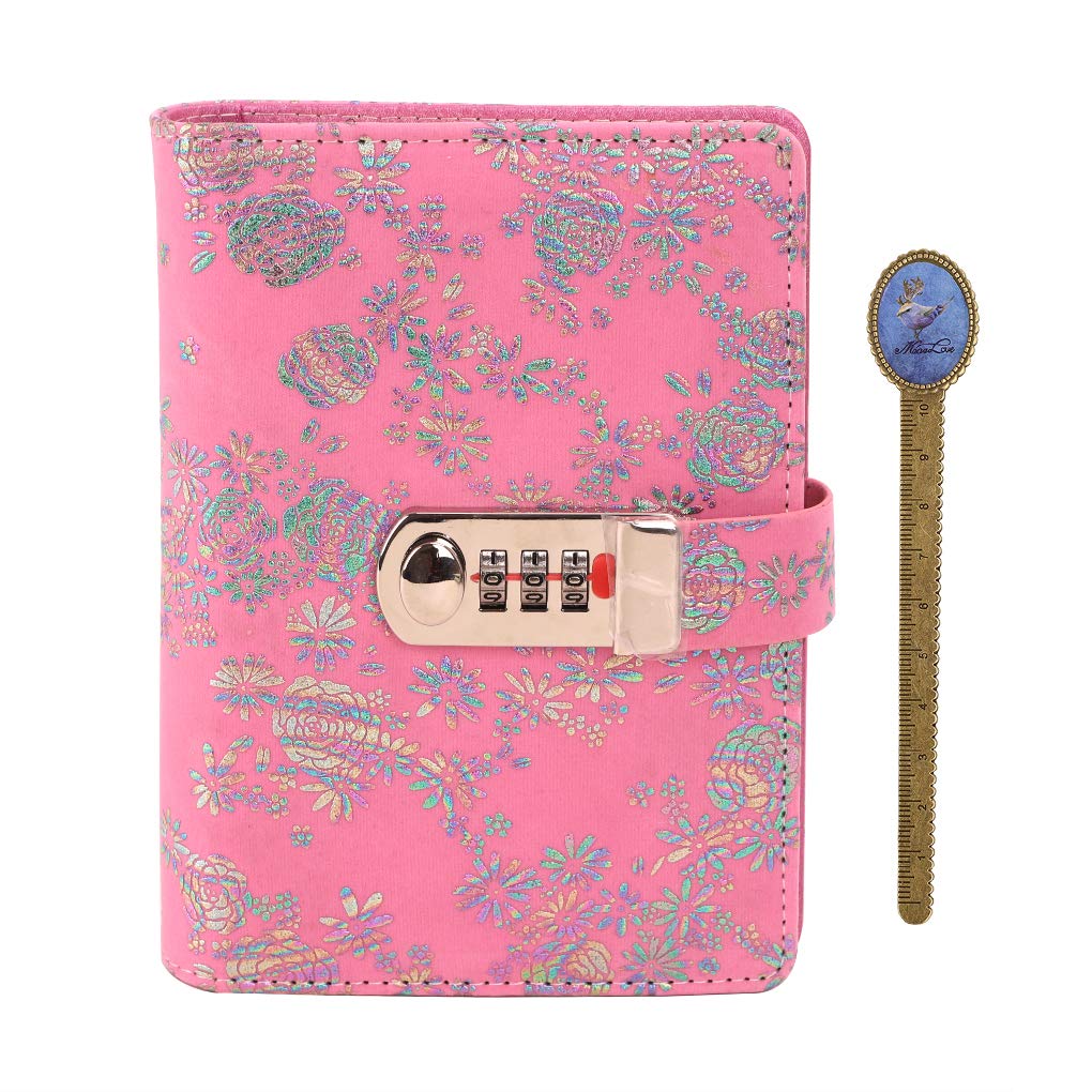 Rose Print PU Leather Journal with Combination Lock Digital Password Journal with Bookmark Pen Loop Retro Privacy Notebook Writing Travel Diary Locking Journal