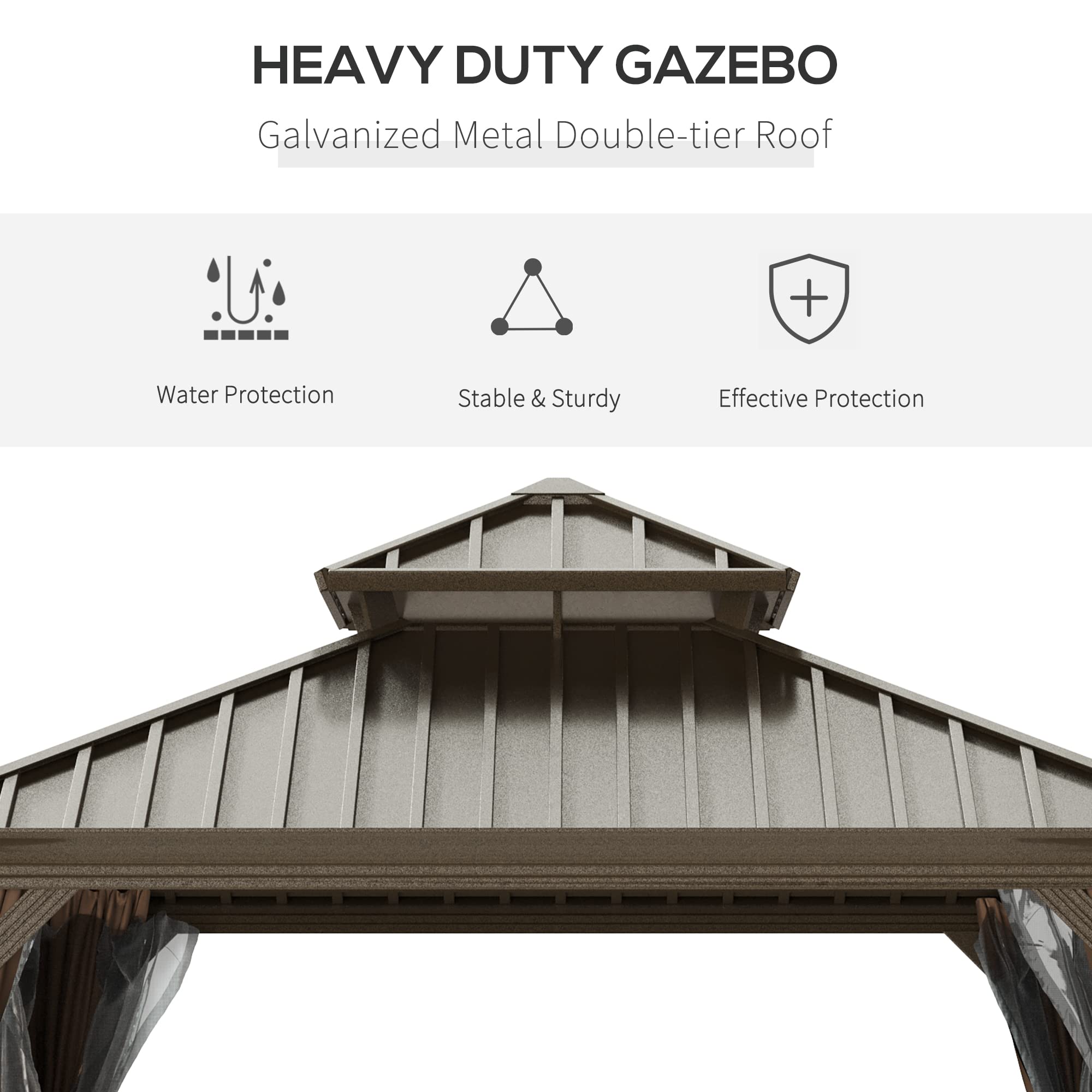 Outsunny 12' x 12' Hardtop Gazebo with Curtains and Netting, Permanent Pavilion Metal Double Roof Gazebo Canopy with Aluminum Frame and Hooks, for Garden, Patio, Backyard, Brown