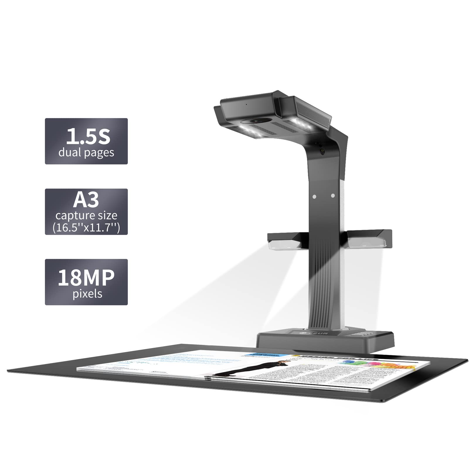 CZUR ET18 Pro Professional Document Scanner, 2nd Gen Auto-Flatten & Deskew Tech, 18MP HD Camera, Capture A3, 186 Languages OCR, Convert to PDF/Searchable PDF/Word/Tiff/Excel, Run On Windows & MacOS