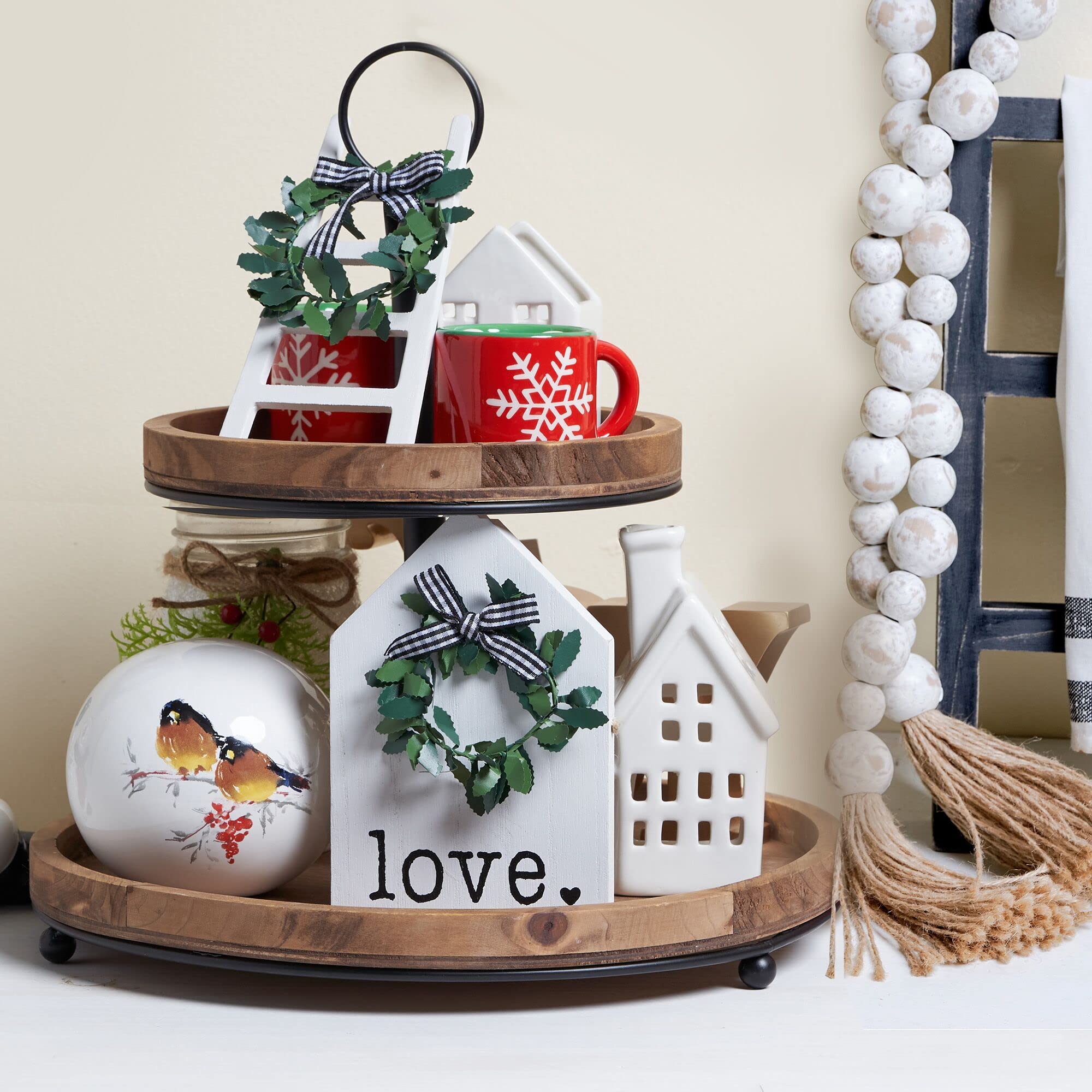 GENMOUS & CO. Farmhouse Tiered Tray Decor with Distressed Wood Bead Garland, Decorative 2 Tiered Serving Tray with Metal Handle for Rustic Home DƩcor