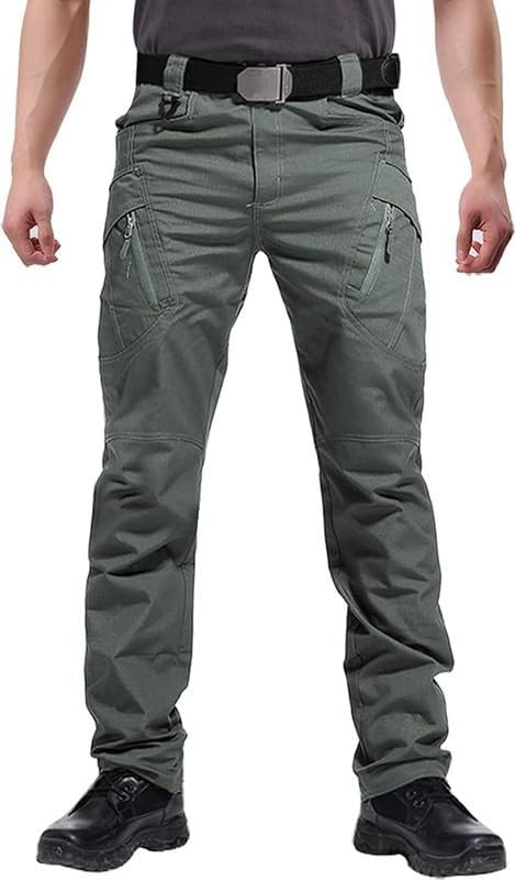 Susclude Men's Tactical Pants Stretch, 9 Pockets Rip Stop Lightweight Cargo Work Military Trousers Outdoor Hiking Pants Gray Green 28Wx28L