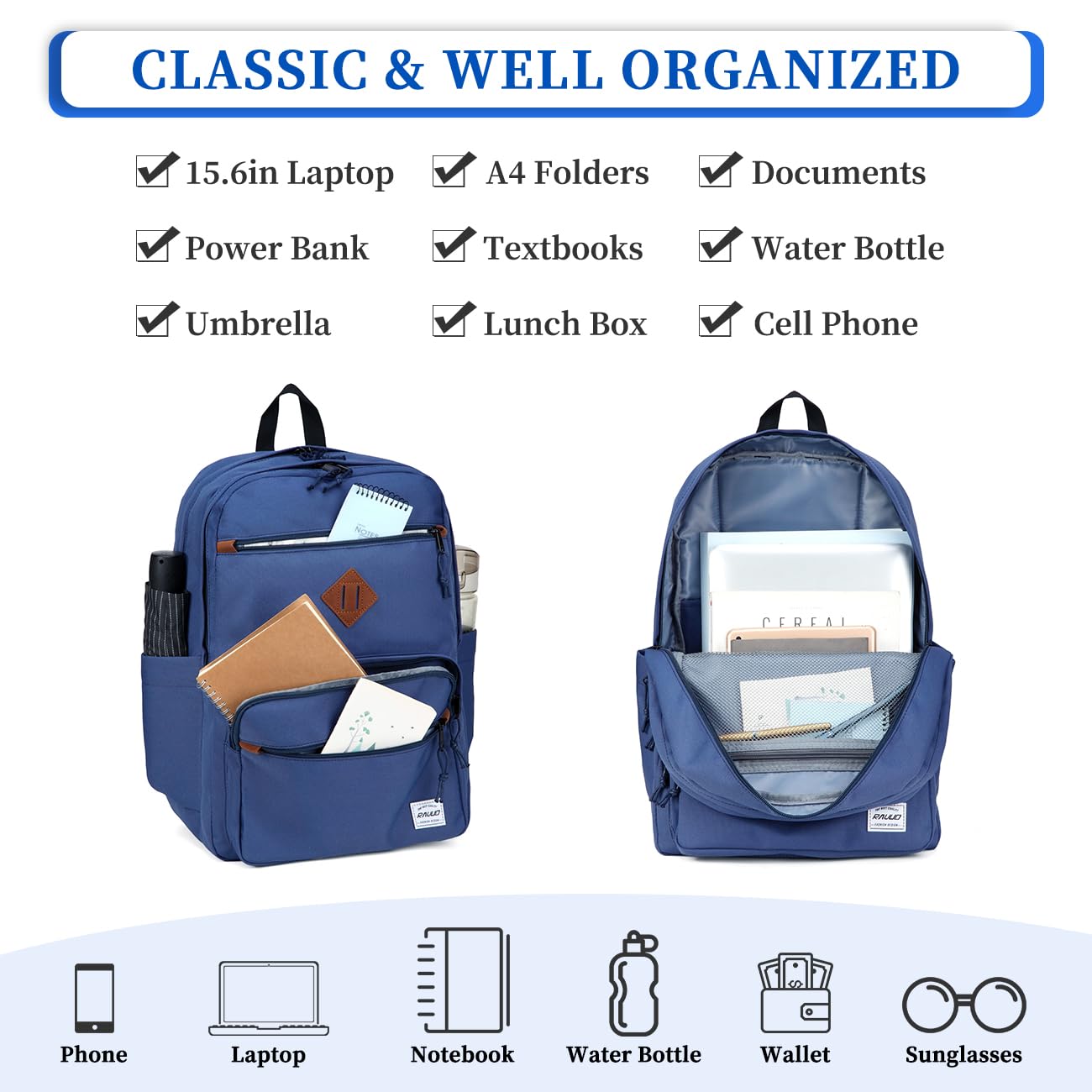 RAVUO School Backpack, Unisex Large Bookbag Water Resistant Lightweight Schoolbag Casual Daypack for High School/College/Teens/Travel/Work for Men Women Blue