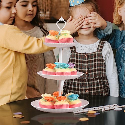 3 Tier White Plastic Cupcake Stand Serving Tray for Party & Birthday Decorations Tiered Serving Stand Dessert Stand Tray- Elegant Display Tower for Cupcakes, Desserts(1 Pack)