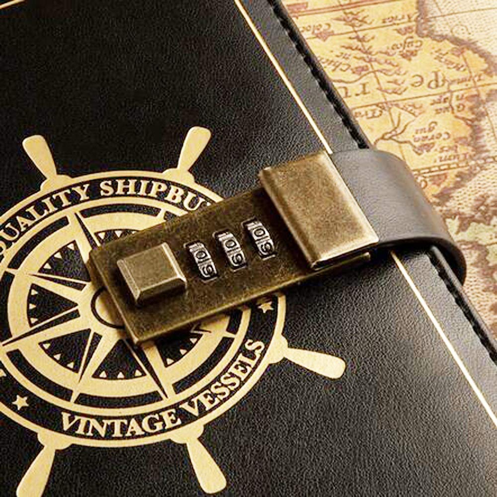 Diary And Notebook Digital Password Notebook Leather Binder Journal Combination Metal Code Lock Diary Print Bronzing Locking Journal Diary (Color : Black)