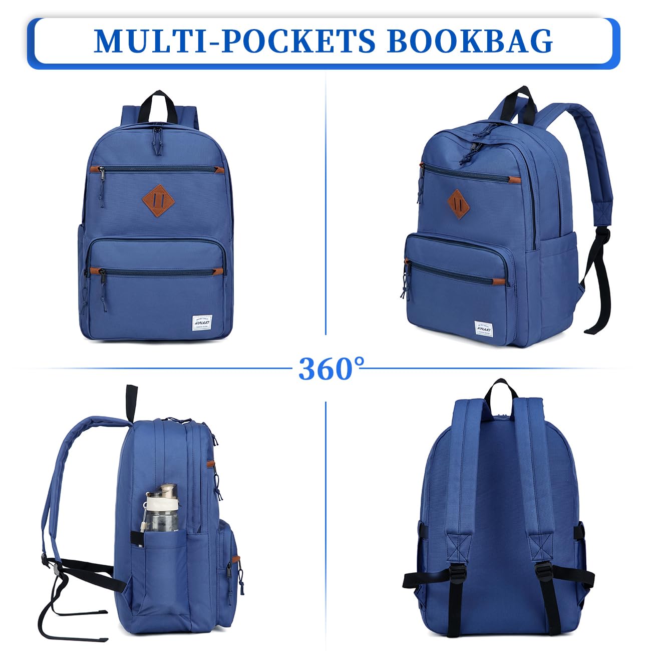 RAVUO School Backpack, Unisex Large Bookbag Water Resistant Lightweight Schoolbag Casual Daypack for High School/College/Teens/Travel/Work for Men Women Blue