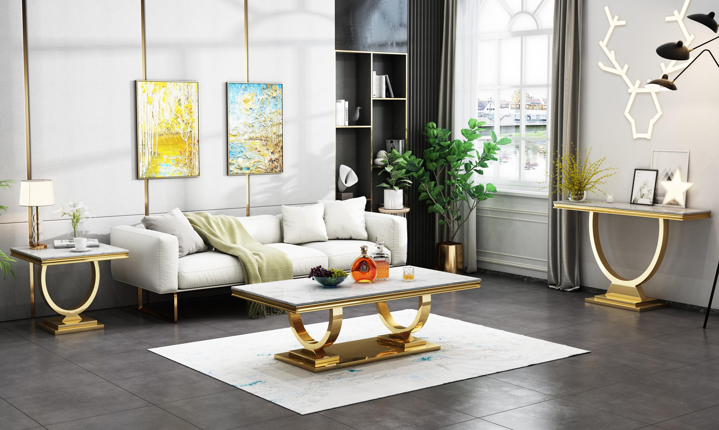SSLine Modern White Faux Marble End Table Luxury Square Sofa Side Table with Gold Pedestal Base Mid-Century Elegant Bedside Table w/Mirrored Stainless Steel Frame Legs for Living Room Bedroom