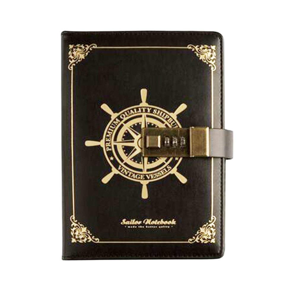 Diary And Notebook Digital Password Notebook Leather Binder Journal Combination Metal Code Lock Diary Print Bronzing Locking Journal Diary (Color : Black)