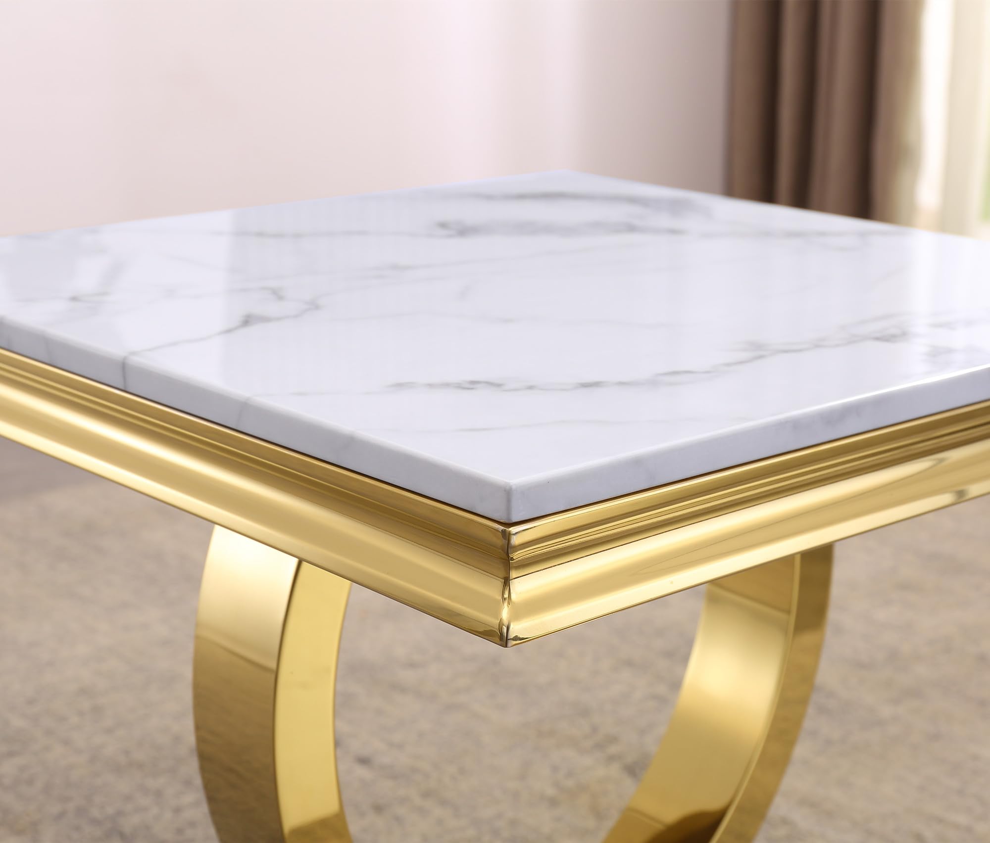 SSLine Modern White Faux Marble End Table Luxury Square Sofa Side Table with Gold Pedestal Base Mid-Century Elegant Bedside Table w/Mirrored Stainless Steel Frame Legs for Living Room Bedroom
