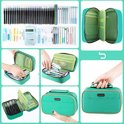 Homecube Pencil Case Big Capacity Storage Pen Bag Makeup Pouch Zippered Students Stationery Bag with Outer Pockets and Handle- 8.23x5.12x3.15"- Green