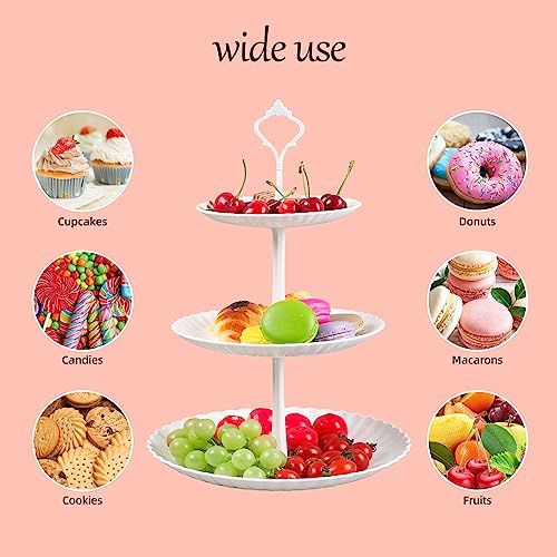 3 Tier White Plastic Cupcake Stand Serving Tray for Party & Birthday Decorations Tiered Serving Stand Dessert Stand Tray- Elegant Display Tower for Cupcakes, Desserts(1 Pack)