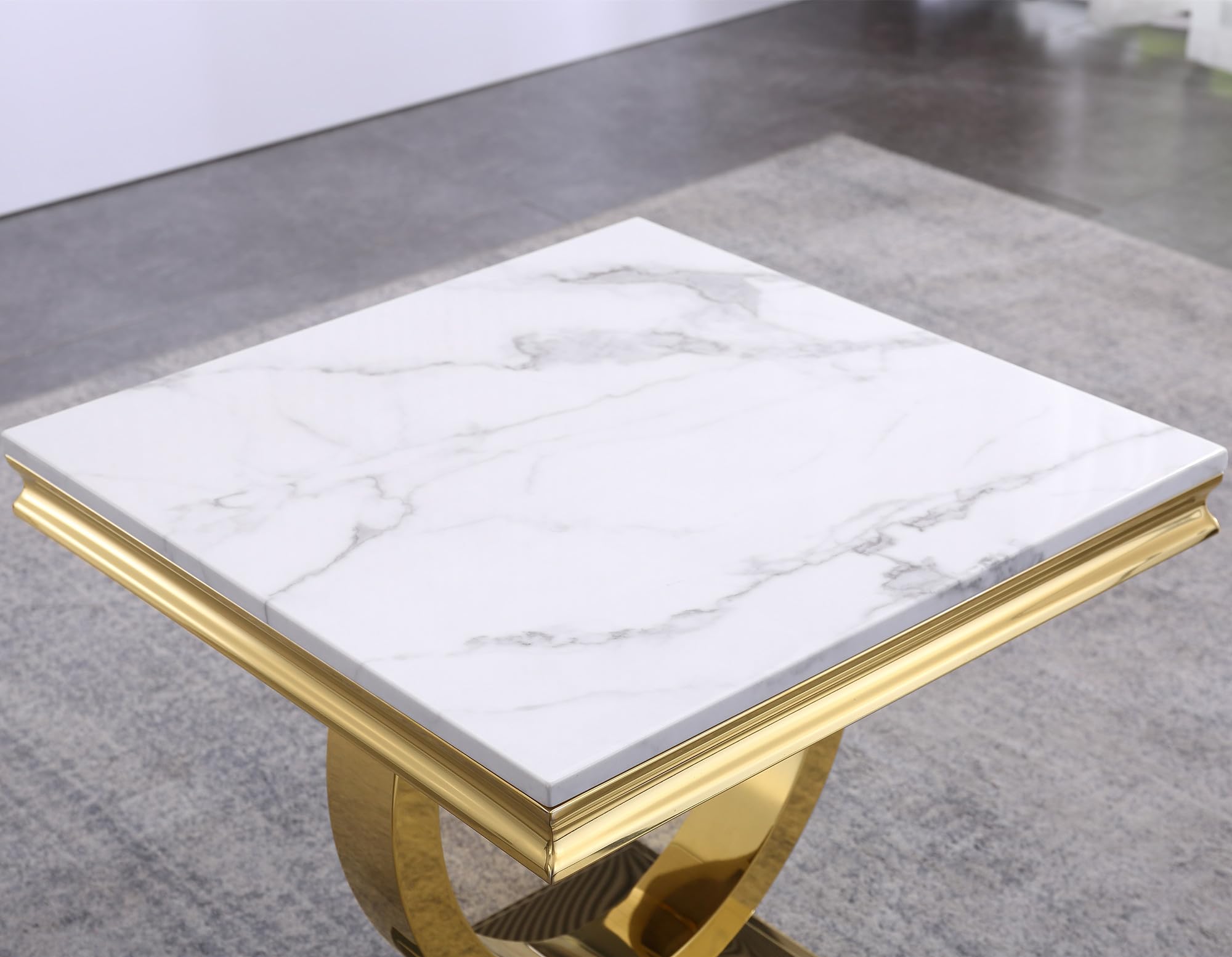 SSLine Modern White Faux Marble End Table Luxury Square Sofa Side Table with Gold Pedestal Base Mid-Century Elegant Bedside Table w/Mirrored Stainless Steel Frame Legs for Living Room Bedroom