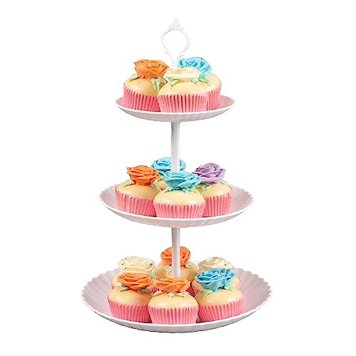 3 Tier White Plastic Cupcake Stand Serving Tray for Party & Birthday Decorations Tiered Serving Stand Dessert Stand Tray- Elegant Display Tower for Cupcakes, Desserts(1 Pack)