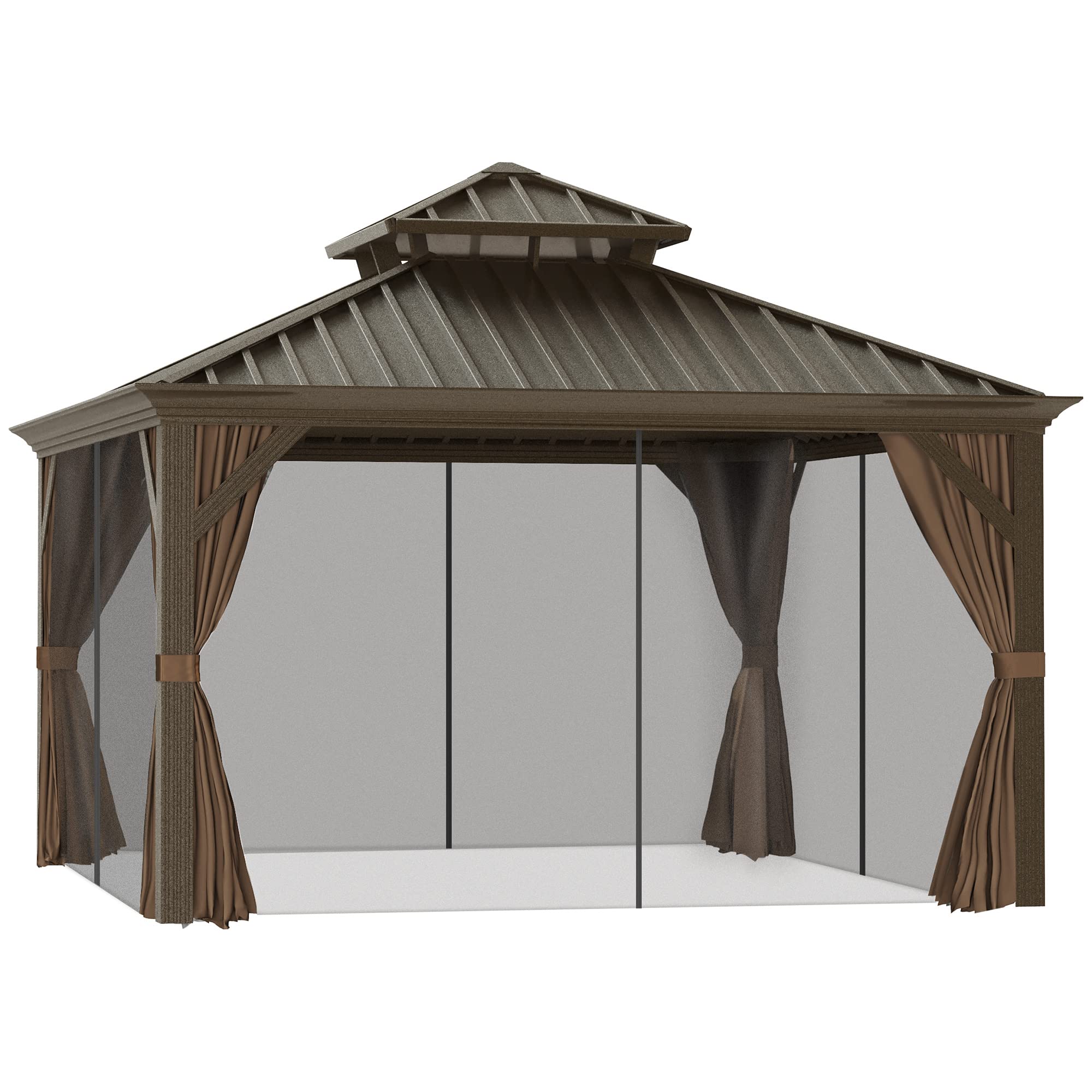 Outsunny 12' x 12' Hardtop Gazebo with Curtains and Netting, Permanent Pavilion Metal Double Roof Gazebo Canopy with Aluminum Frame and Hooks, for Garden, Patio, Backyard, Brown