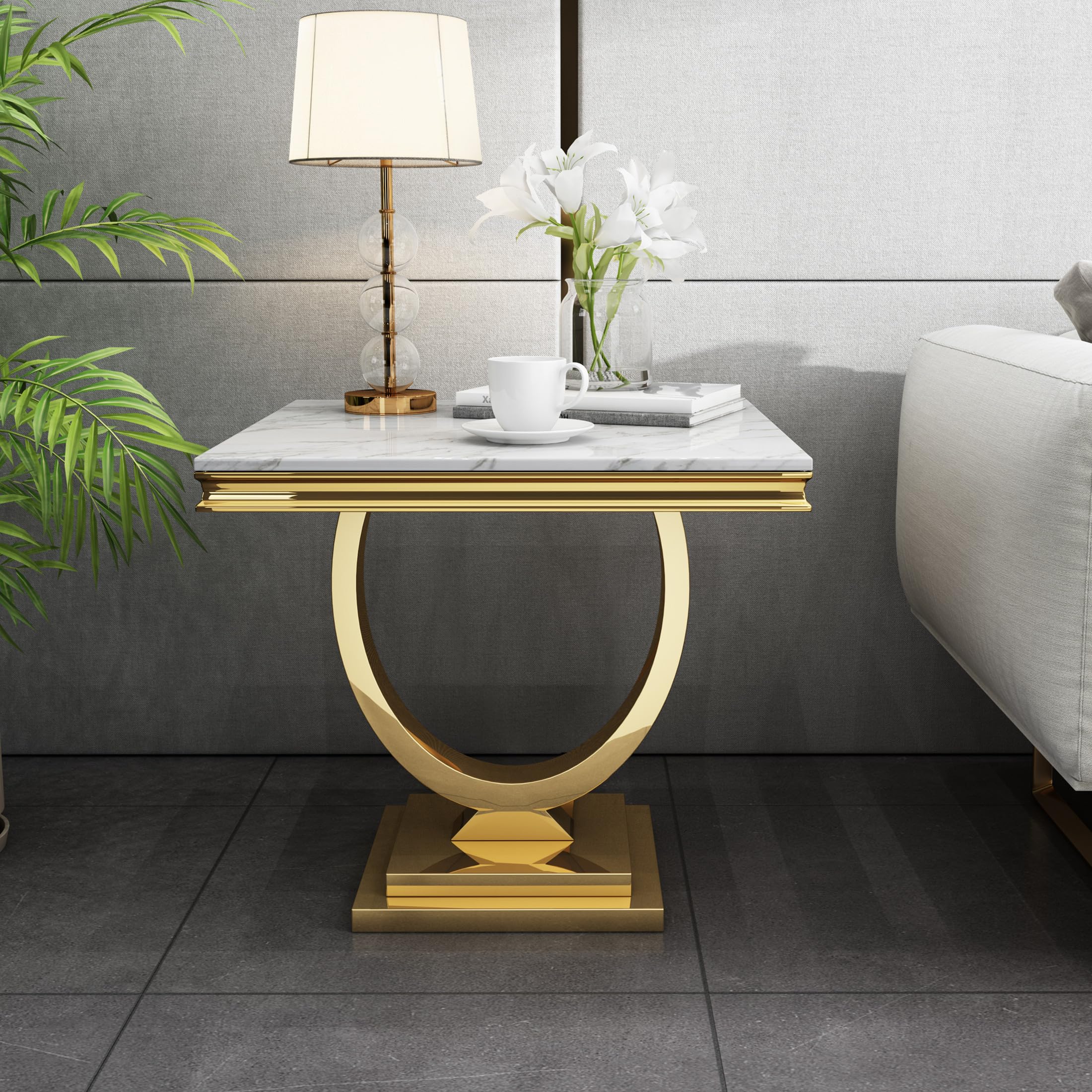 SSLine Modern White Faux Marble End Table Luxury Square Sofa Side Table with Gold Pedestal Base Mid-Century Elegant Bedside Table w/Mirrored Stainless Steel Frame Legs for Living Room Bedroom