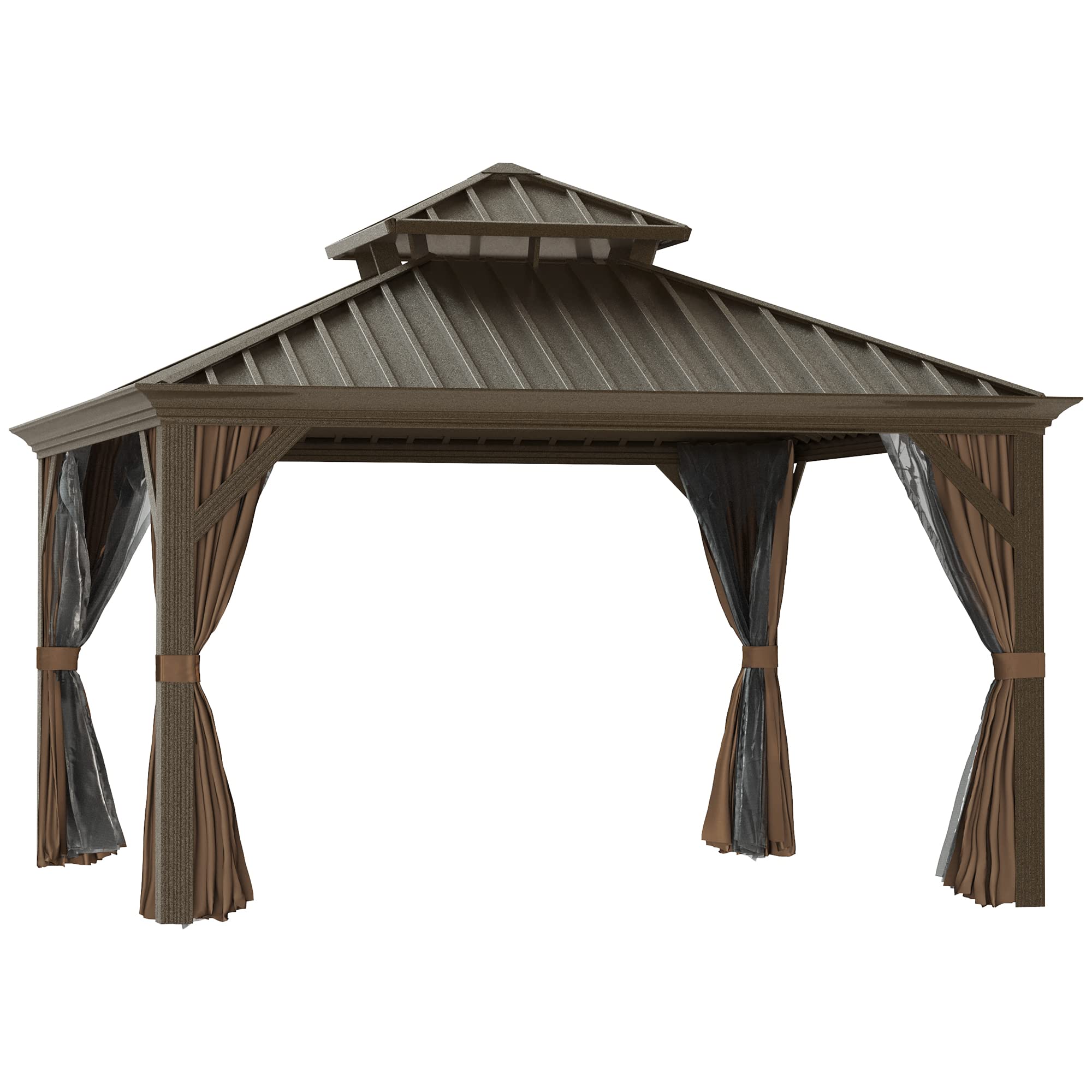 Outsunny 12' x 12' Hardtop Gazebo with Curtains and Netting, Permanent Pavilion Metal Double Roof Gazebo Canopy with Aluminum Frame and Hooks, for Garden, Patio, Backyard, Brown