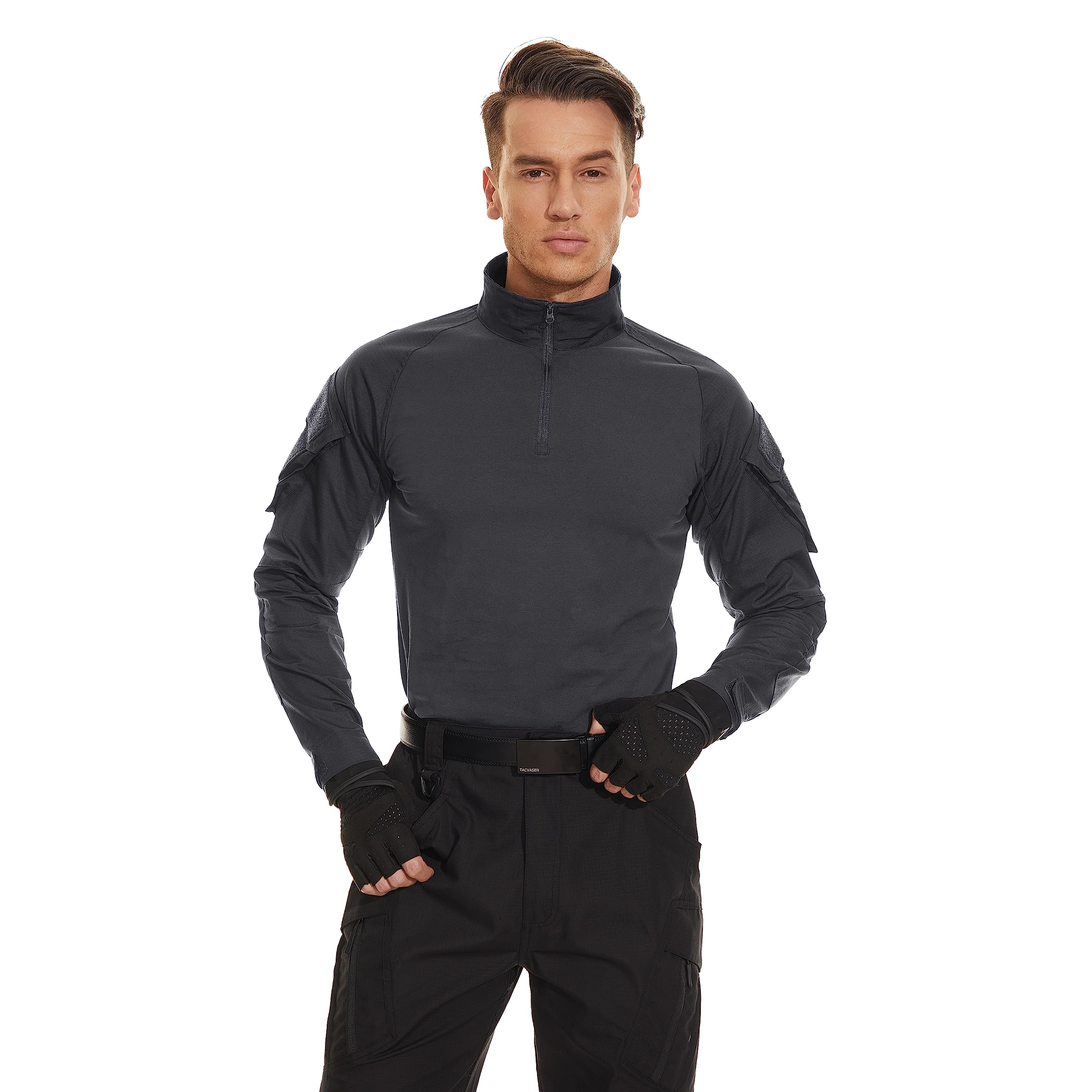 TACVASEN Combat Shirts for Men 1/4 Zip with Pockets Tactical Shirt Long Sleeve Military Pullover Army Ripstop Security Paintball Airsoft Gray L