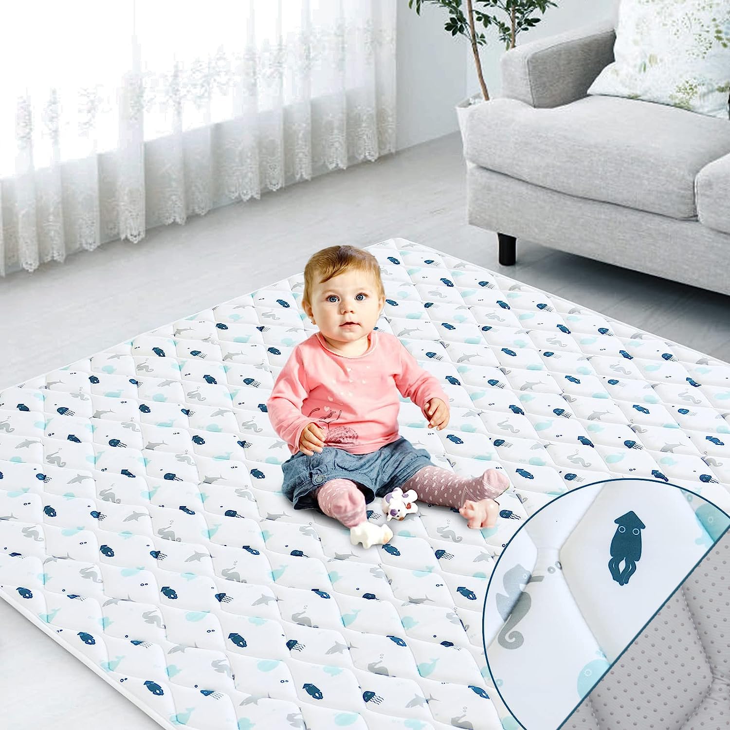 Premium Foam Baby Play Mat 71" X 59", Extra Large Activity Playmat for Babies and Toddlers, Baby Mat for Floor, Non Slip Cushioned Baby Play Mats for Floor, Kids Play Mat for Playpen Easy Clean, Whale