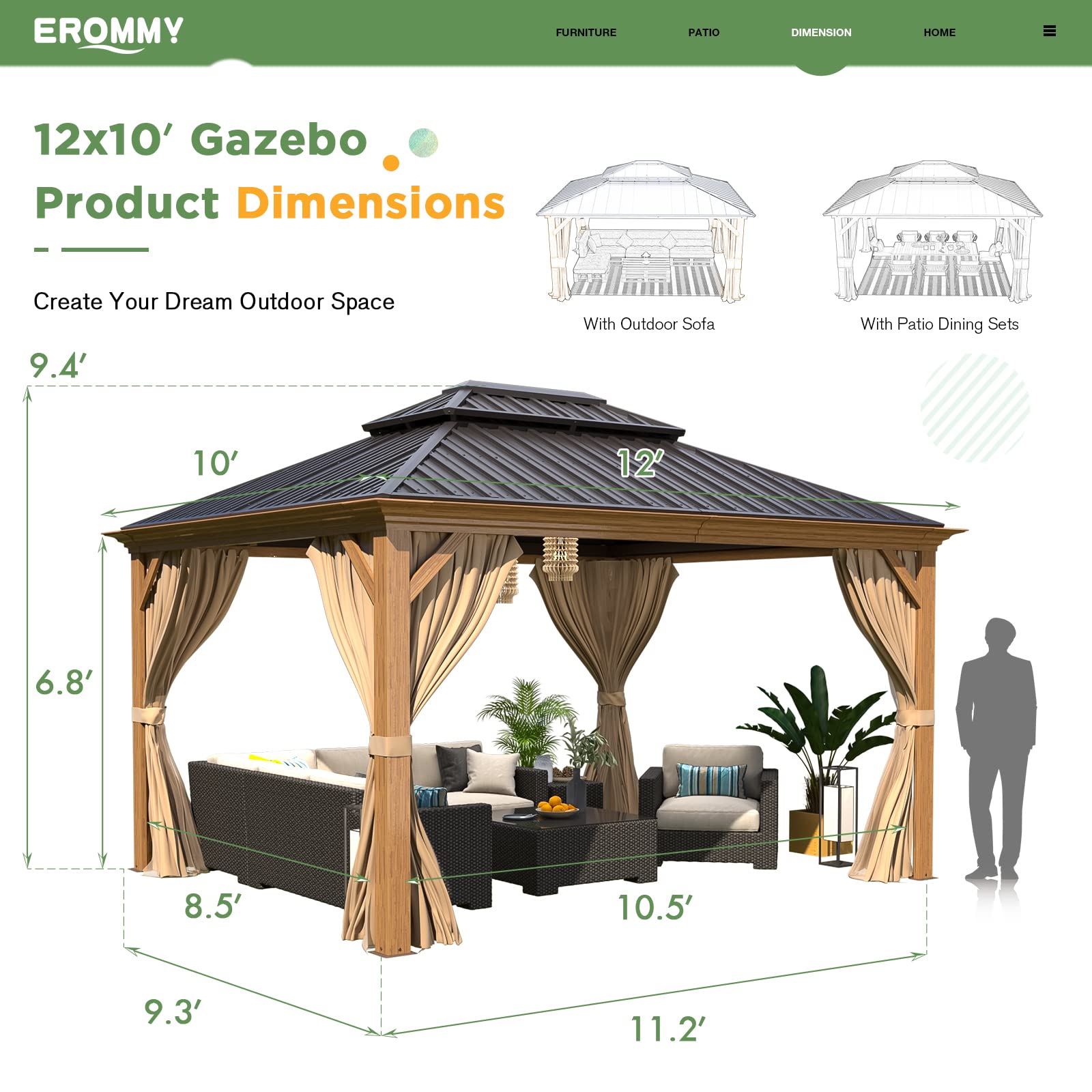 EROMMY 10'x12' Gazebo, Wood Grain Aluminum Frame Canopy with Double Galvanized Steel Hardtop Roof, Outdoor Permanent Metal Pavilion with Curtains and Nettings for Patio, Backyard and Deck