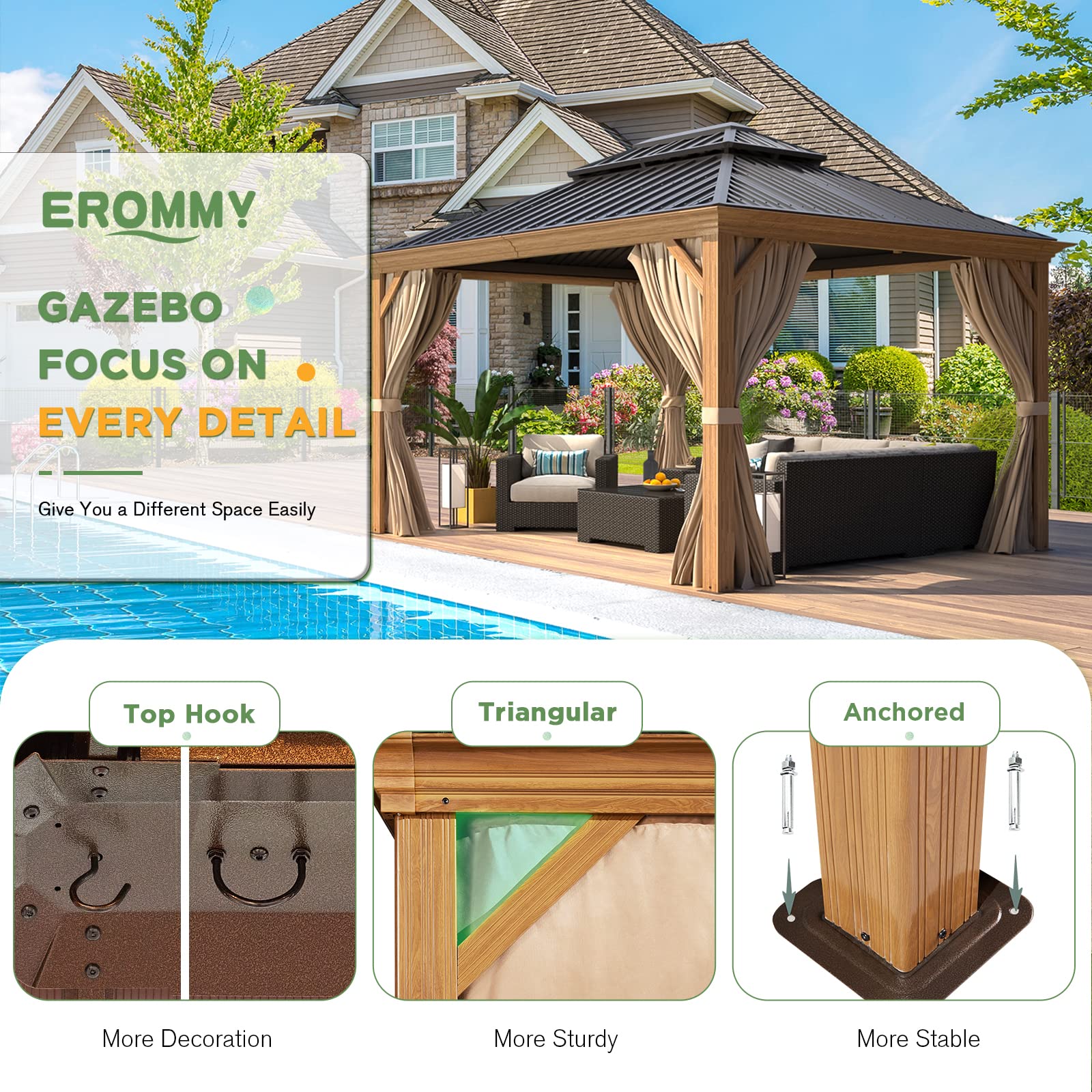 EROMMY 10'x12' Gazebo, Wood Grain Aluminum Frame Canopy with Double Galvanized Steel Hardtop Roof, Outdoor Permanent Metal Pavilion with Curtains and Nettings for Patio, Backyard and Deck