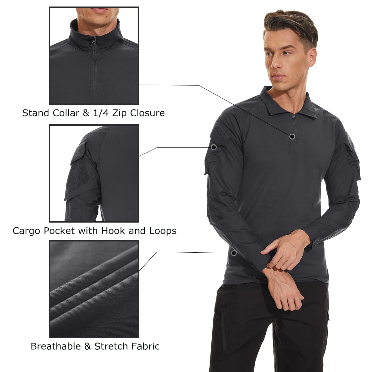 TACVASEN Combat Shirts for Men 1/4 Zip with Pockets Tactical Shirt Long Sleeve Military Pullover Army Ripstop Security Paintball Airsoft Gray L