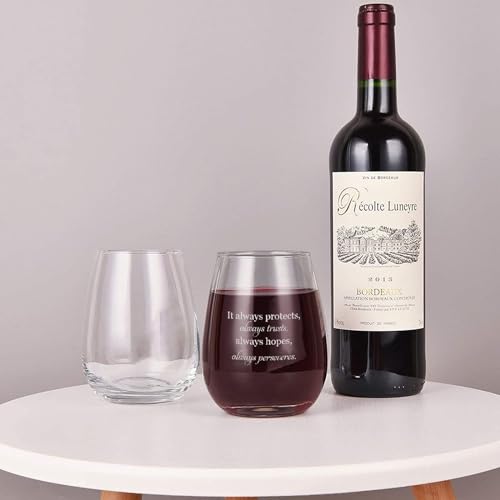 Mousus It Always Protects,always Trusts,always Hopes,always Perseveres 17oz Stemless Wine Glass Quote Glass Glassware for Red Or White Wine Cocktails Perfect For Homes & Bars Party Supplies Decoration