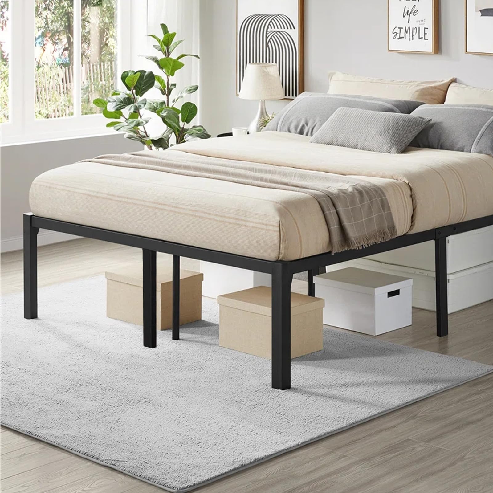 BRONOM Bed Frame Queen Size Platform Bed Frame Bedframe Metal Black Double Bed Frame Easy Assembly 14 Inch High Strength Metal Durable Sturdy Noise Free No Box Spring Needed