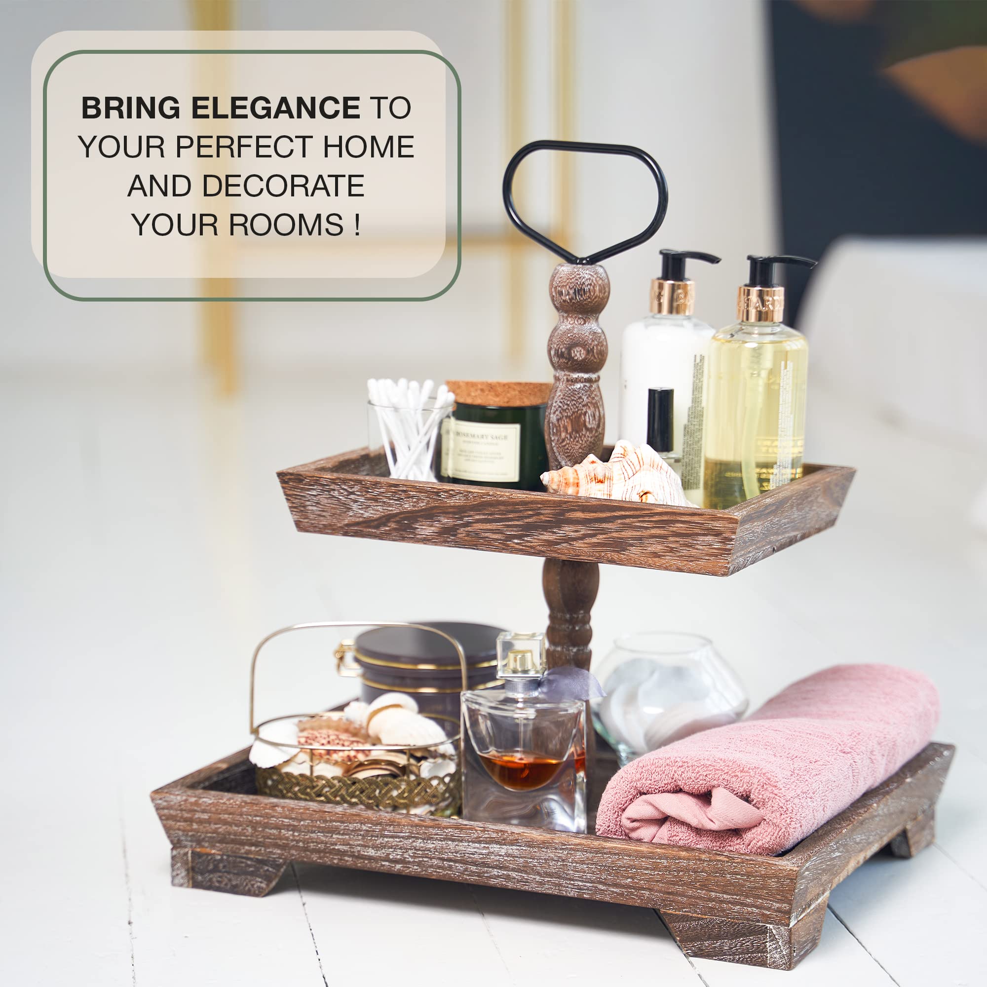 Rustic Wooden Two Tiered Tray Farmhouse - Rectangle Stand for Serving Food Fruits Cupcakes - Perfect for Your Summer Decor - Tiered Tray Decor Holder