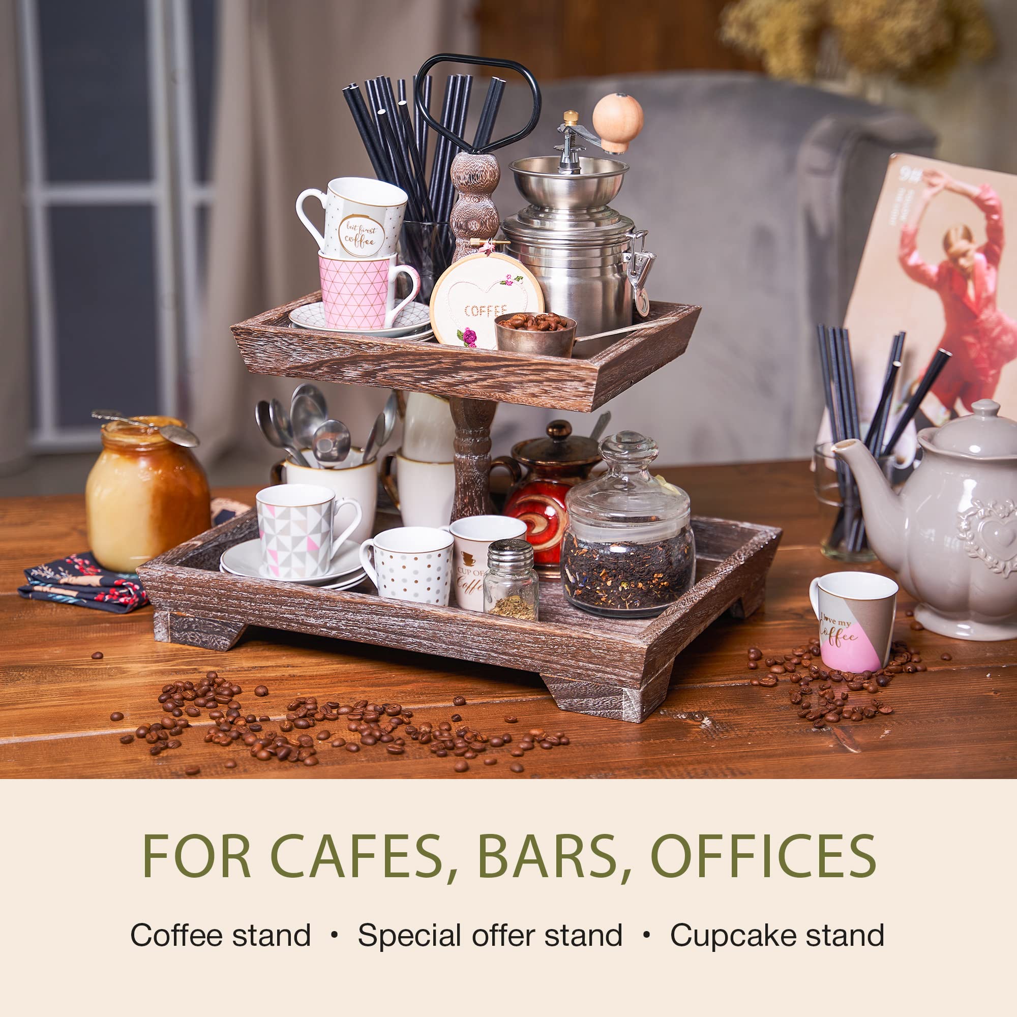 Rustic Wooden Two Tiered Tray Farmhouse - Rectangle Stand for Serving Food Fruits Cupcakes - Perfect for Your Summer Decor - Tiered Tray Decor Holder