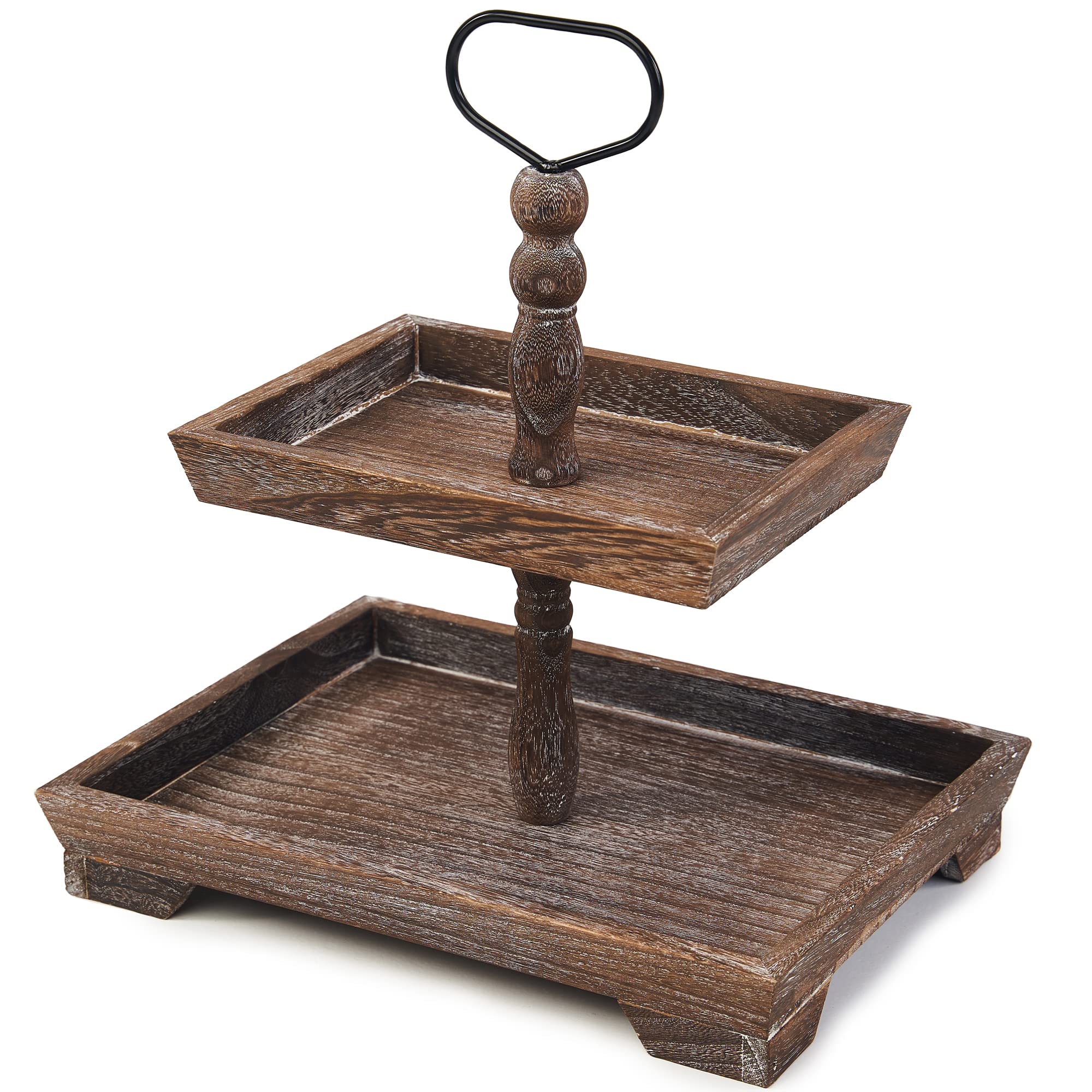 Rustic Wooden Two Tiered Tray Farmhouse - Rectangle Stand for Serving Food Fruits Cupcakes - Perfect for Your Summer Decor - Tiered Tray Decor Holder