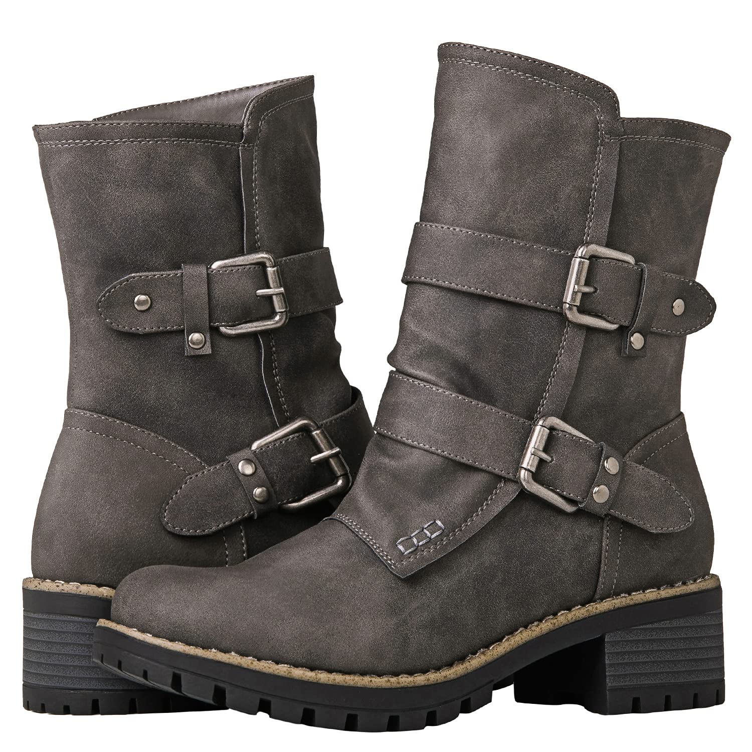 GLOBALWIN Lace up Mid Calf Motorcycle Fashion Festival Boots Combat Riding Military Boots for Women Grey Size 8