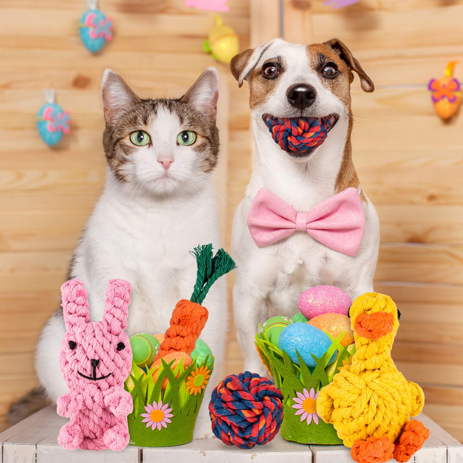 Whaline 4PCS Easter Dog Toy Kit Puppy Chew Toy Carrot Ball Rabbit Yellow Duck Cotton Rope Toy for Easter Pet Gifts Small Medium Large Dog Pets Playtime Teeth Cleaning