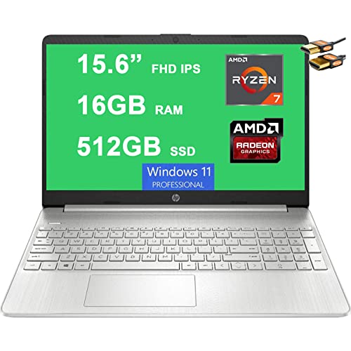 HP 15 Business Laptop Computer 15.6” Diagonal FHD IPS Touchscreen AMD Octa-Core Ryzen 7 4700U Processor (Beats i7-10710U) 16GB RAM 512GB SSD AMD Radeon Graphics USB-C Win11Pro Silver + HDMI Cable